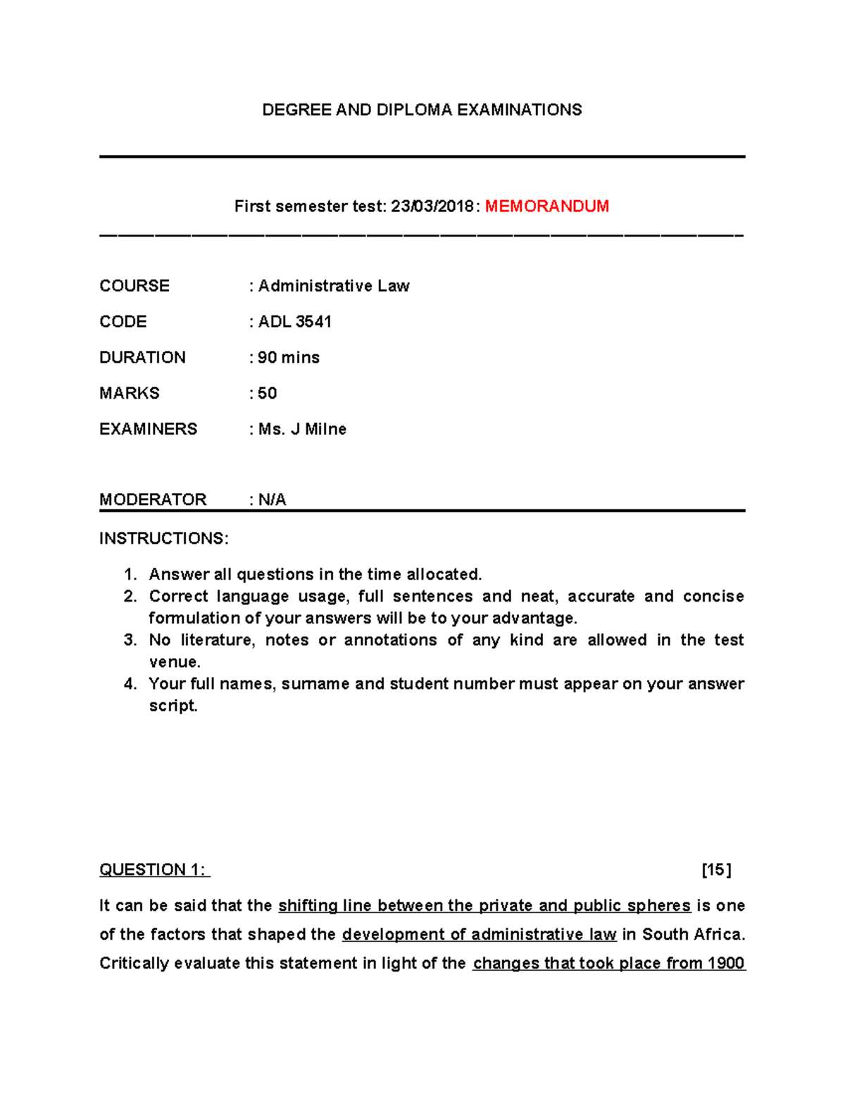 Test 1 Memo ADL 3541 2018 - DEGREE AND DIPLOMA EXAMINATIONS First ...