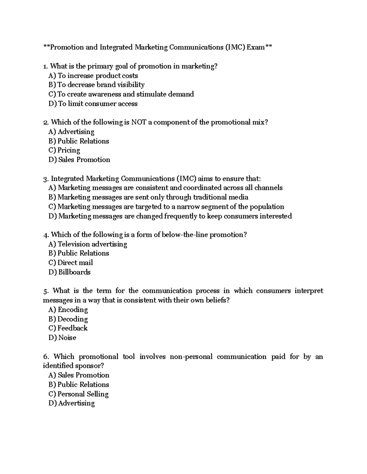 QUIZ Promotion and Integrated Marketing Communications (IMC ...
