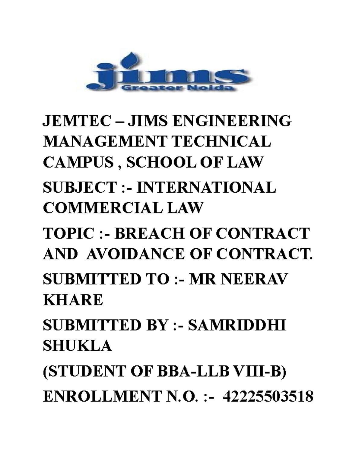 International commercial law assignment - JEMTEC – JIMS ENGINEERING ...