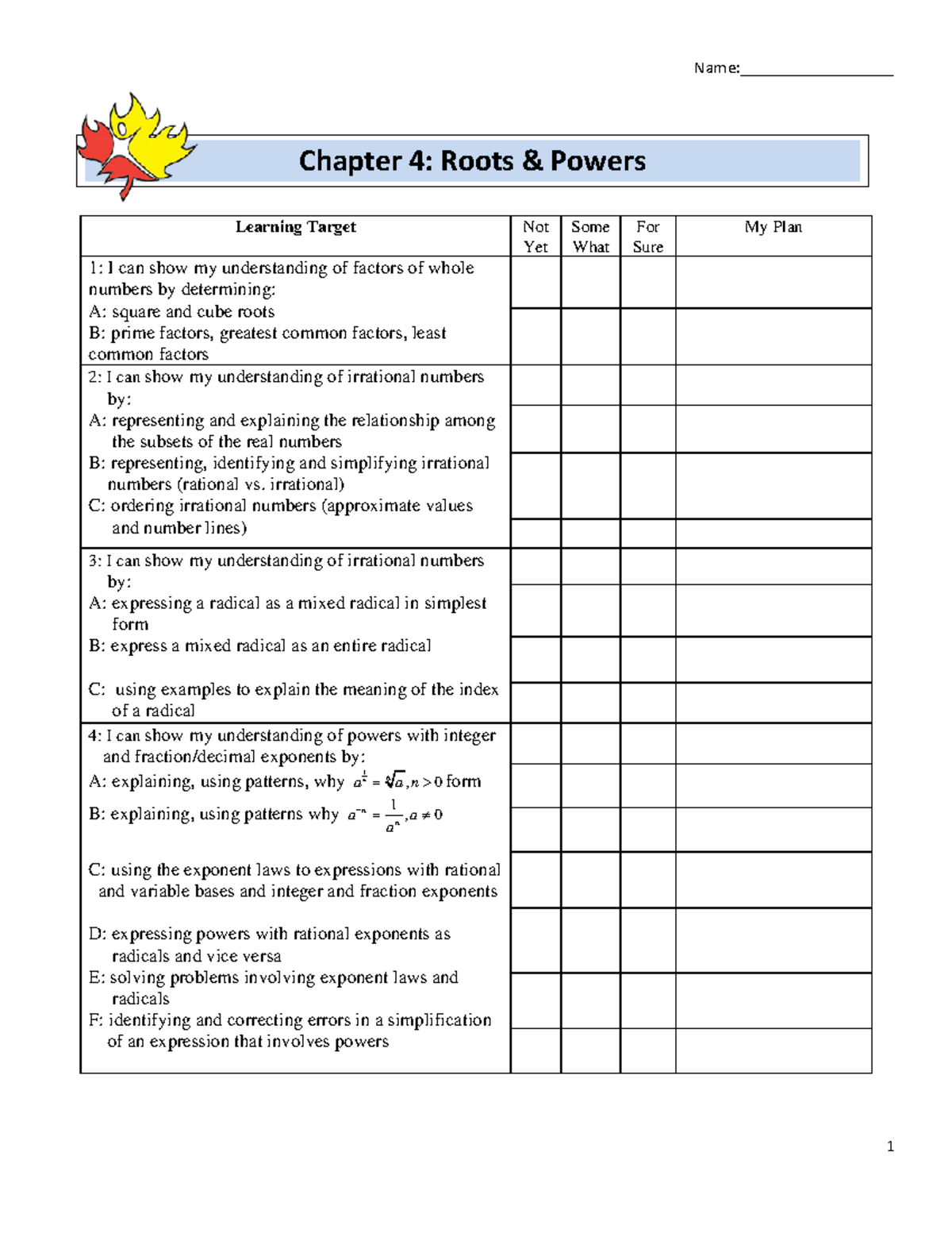 Powers and Roots Student Notes - Learning Target Not Yet Some What For ...