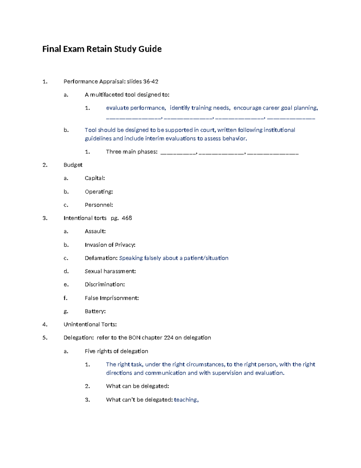 Final Study Guide. - Notes - Final Exam Retain Study Guide Performance ...