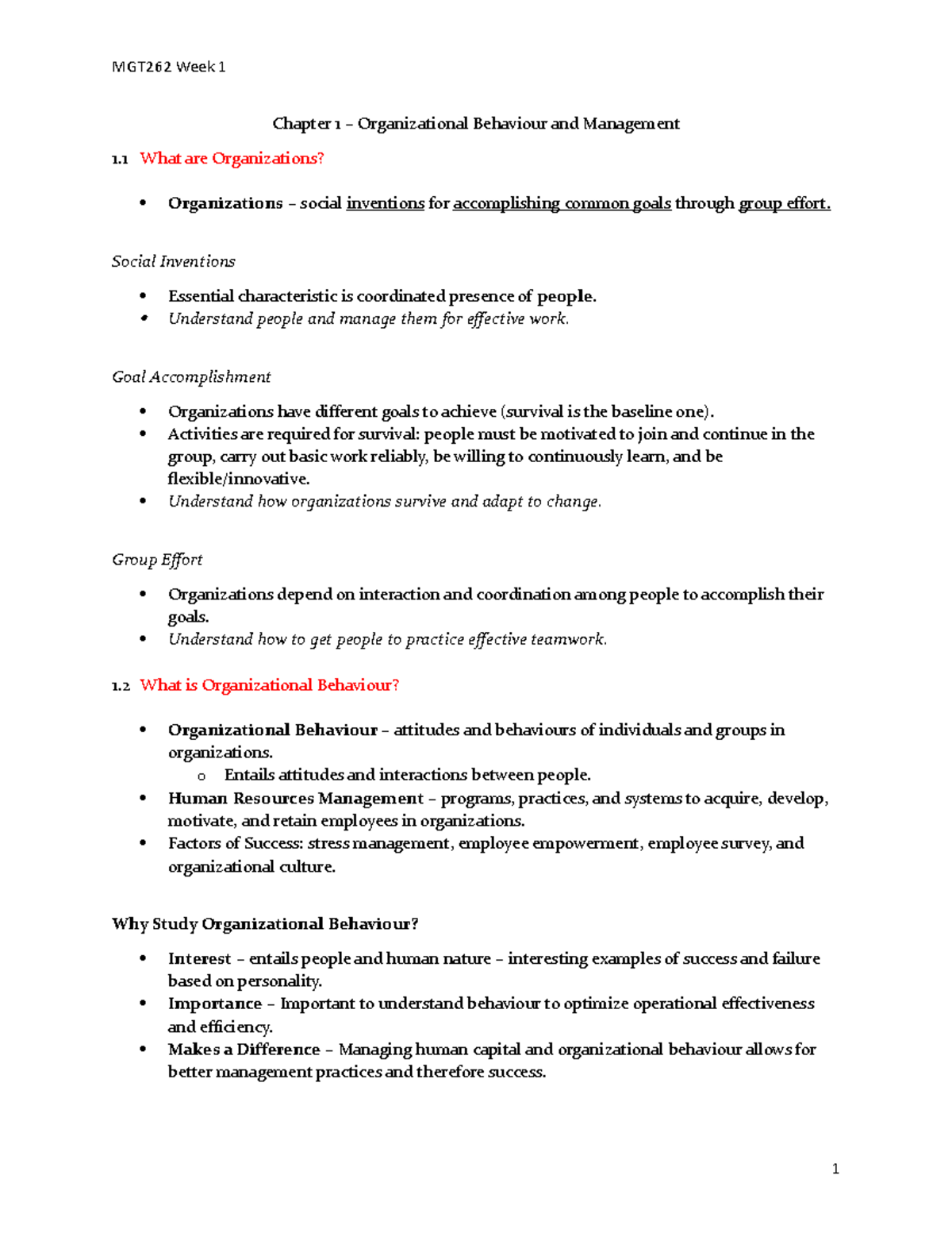 Chapter 1 - Lecture notes 1 - MGT262 Week 1 Chapter 1 – Organizational ...