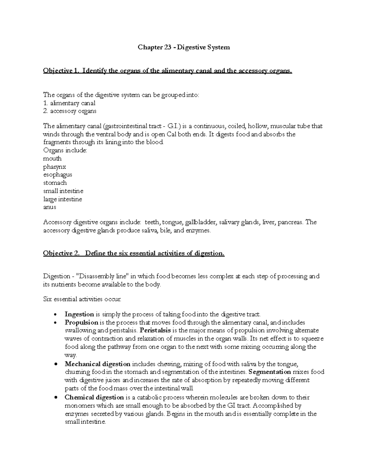 Chapter 23 notes - Chapter 23 - Digestive System Objective 1. Identify ...