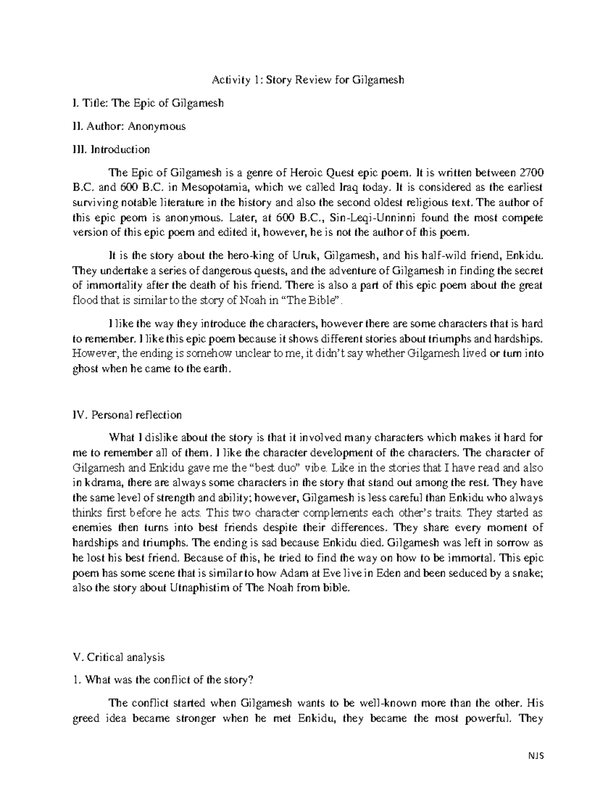 7. Story Review for Gilgamesh - Title: The Epic of Gilgamesh II. Author ...