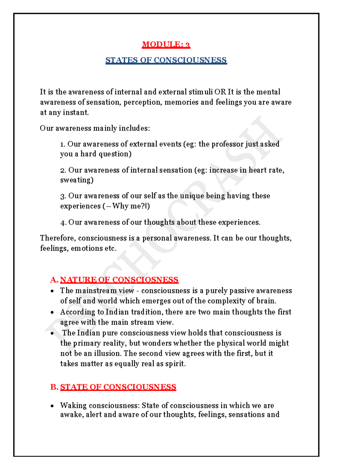 Psychology-sem1 mod3 - MODULE: 3 STATES OF CONSCIOUSNESS It is the ...