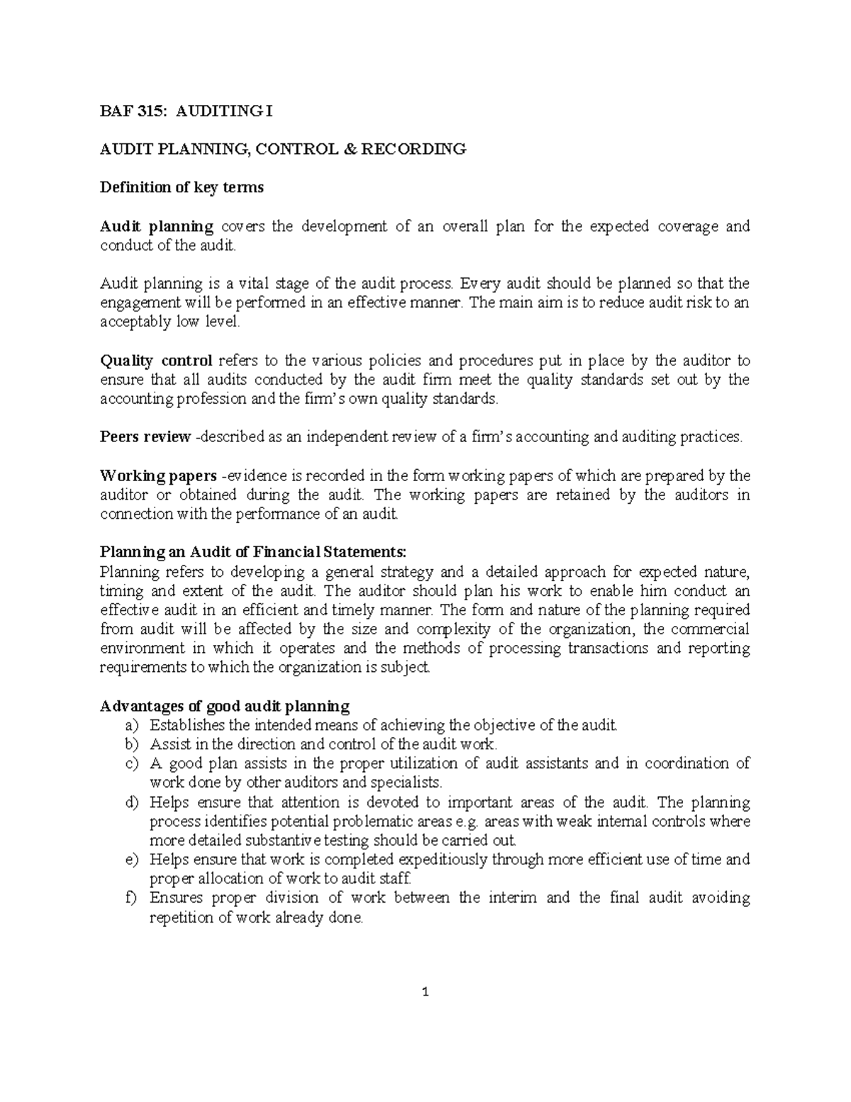 BFA 315 - Auditing I - Audit Planning- Contron AND Recording - BAF 315: AUDITING I AUDIT ...