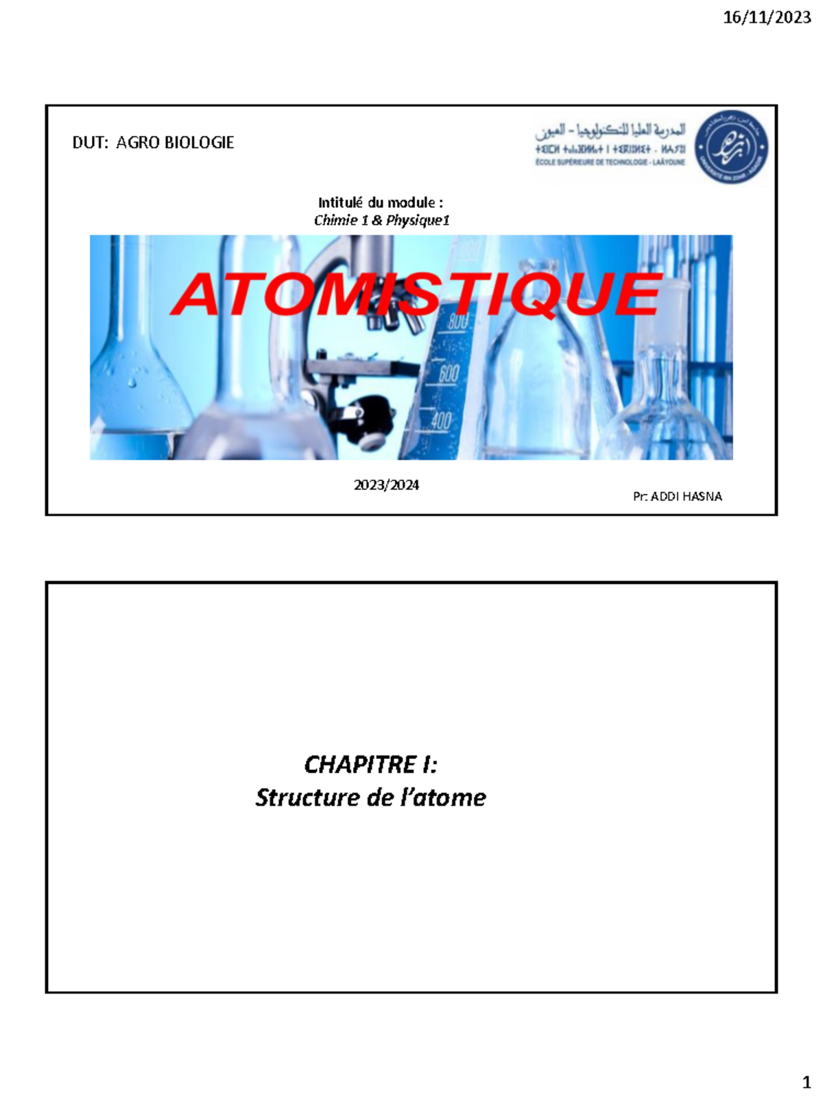 Cours atomistique - merci - Intitulé du module : Chimie 1 & Physique DUT: AGRO BIOLOGIE 2023 ...