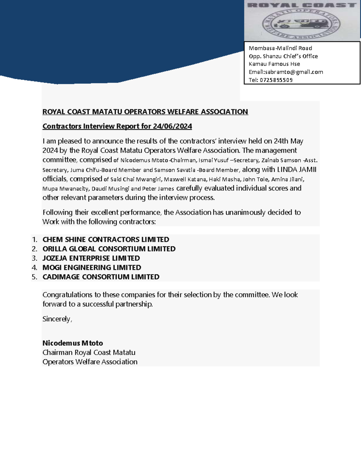 Contractors Interview Report letter - ROYAL COAST MATATU OPERATORS ...
