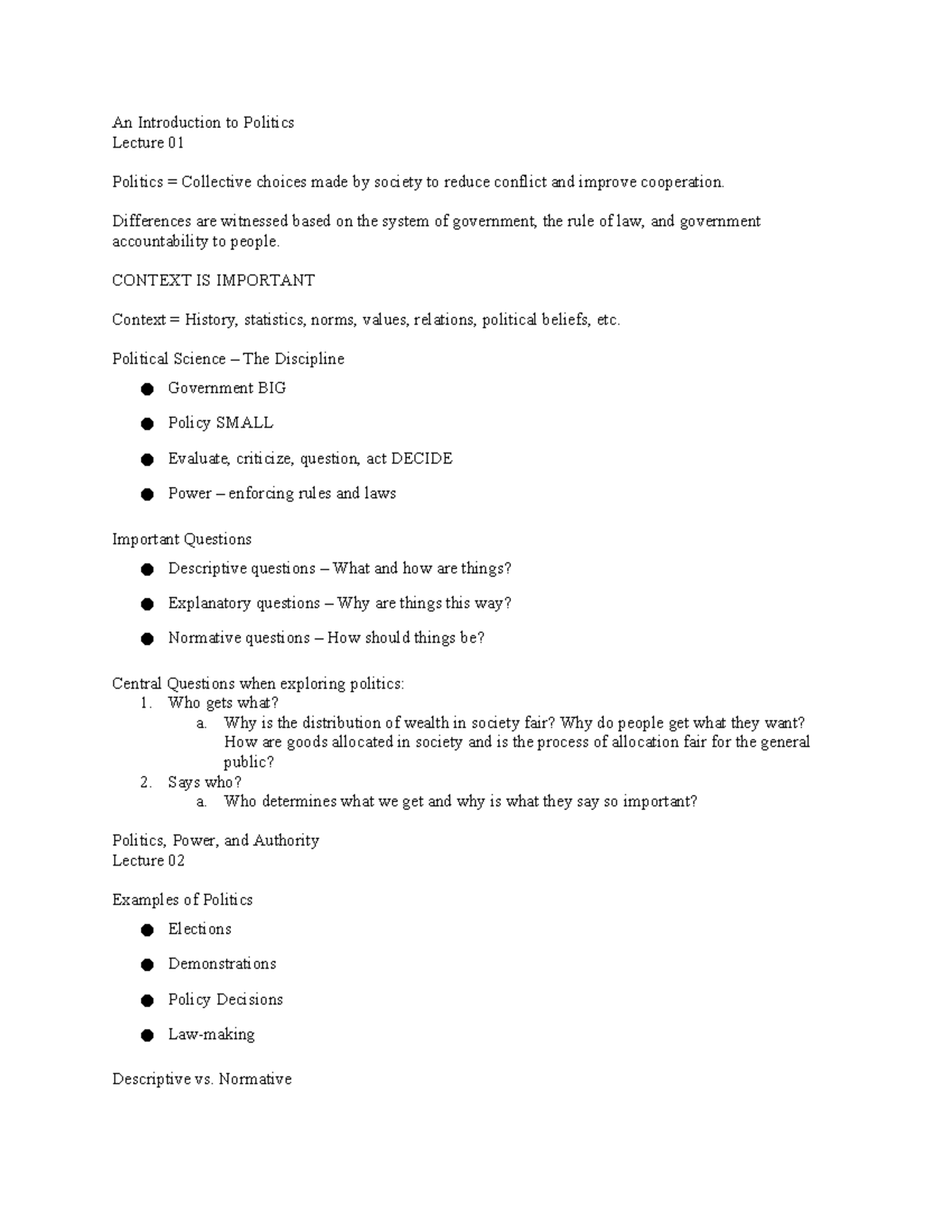 Lecture 01 (Intro) - An Introduction to Politics Lecture 01 Politics ...