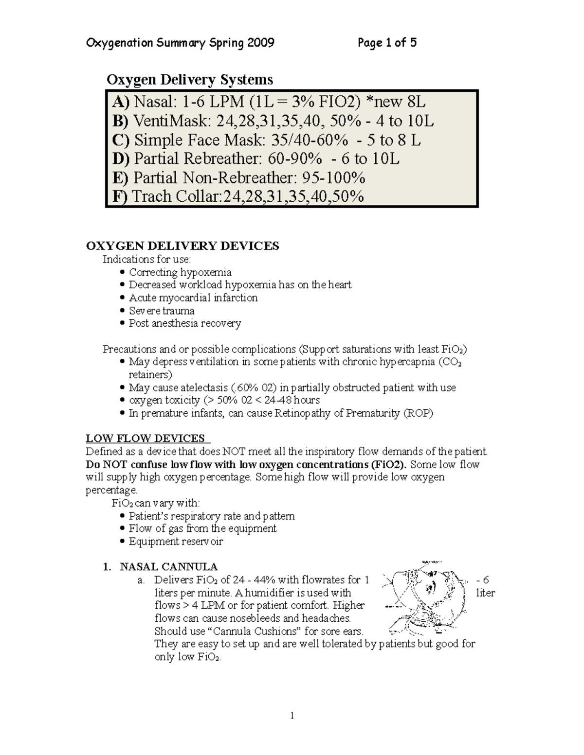 Oxygen Delivery Devices - Oxygen Delivery Systems A) Nasal: 1-6 LPM (1L ...