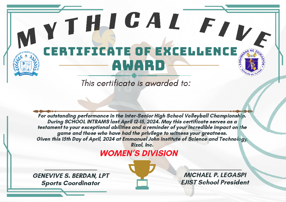 Volleyball Certificate - M Y T H I C A L F I V E AWARD CERTIFICATE OF ...