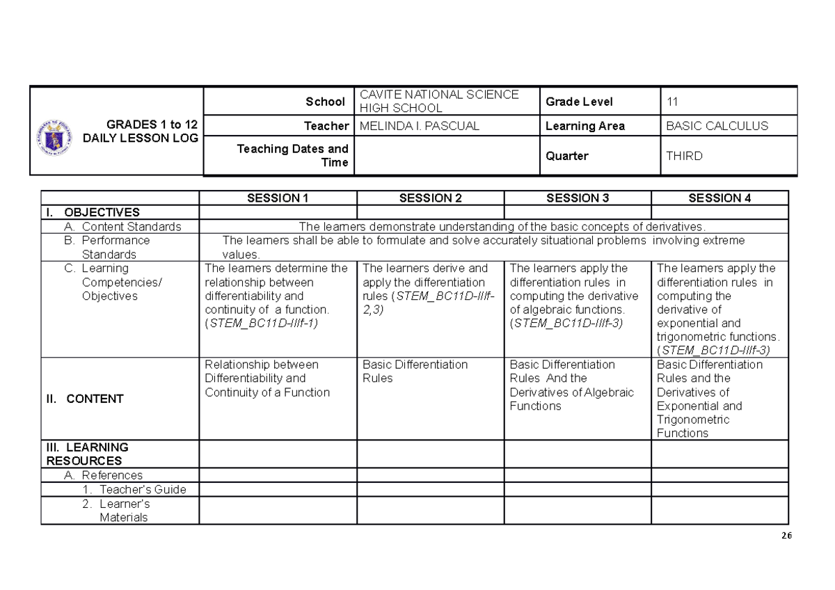 Calculus DLL WEEK 6 - GRADES 1 to 12 DAILY LESSON LOG School CAVITE ...