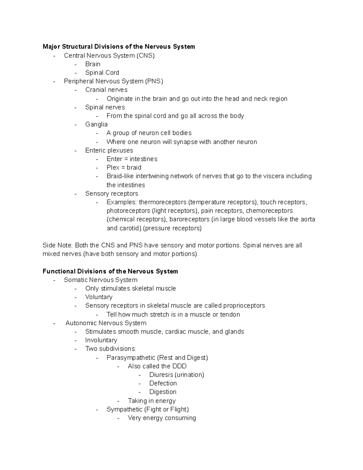 A&P 1 - Nervous System Notes - Major Structural Divisions of the ...