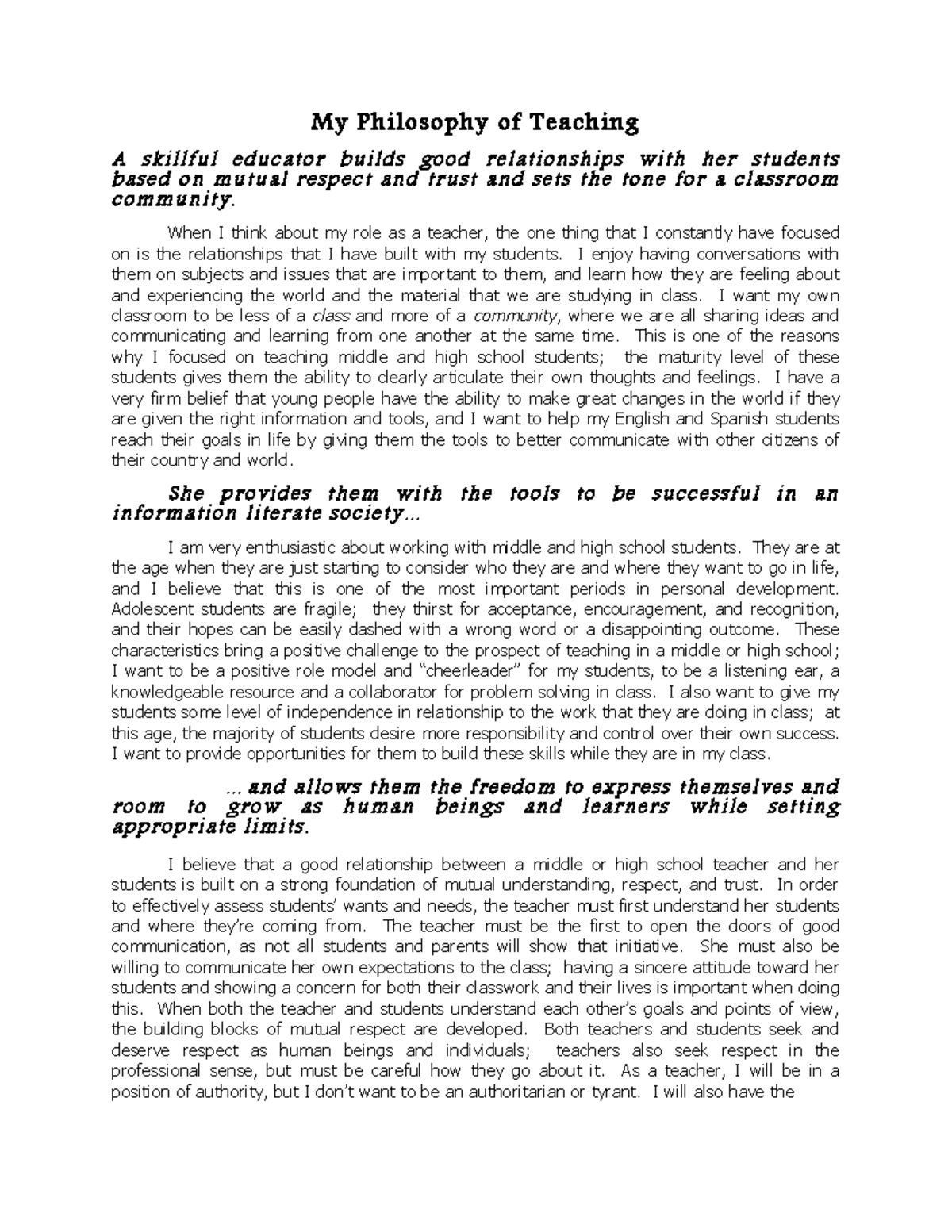 Philosophy - Grade: 74 - My Philosophy of Teaching A skillful educator ...