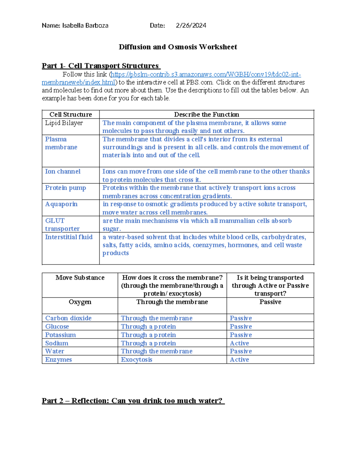Diffusion and Osmosis worksheet - Name: Isabella Barboza Date: 2/26 ...
