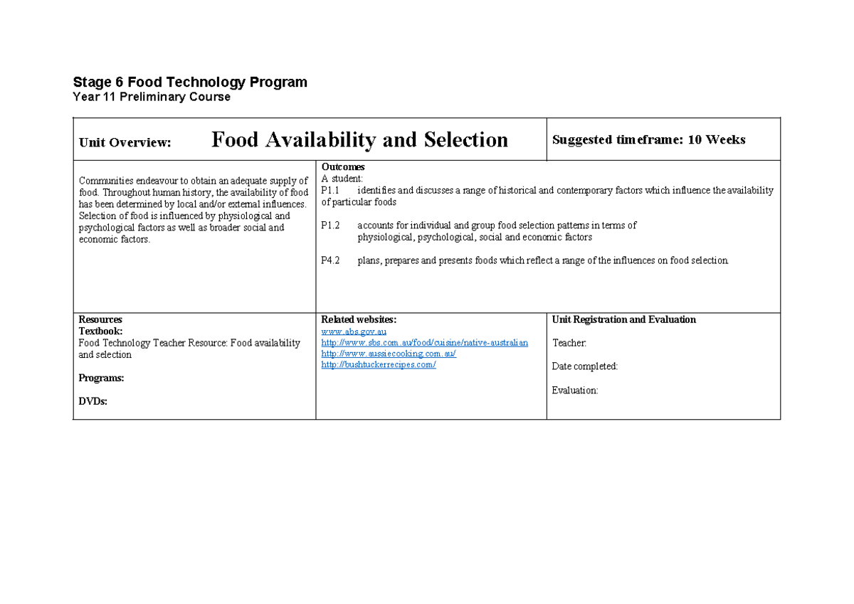 1 - Food Availability and Selection Program - Stage 6 Food Technology ...