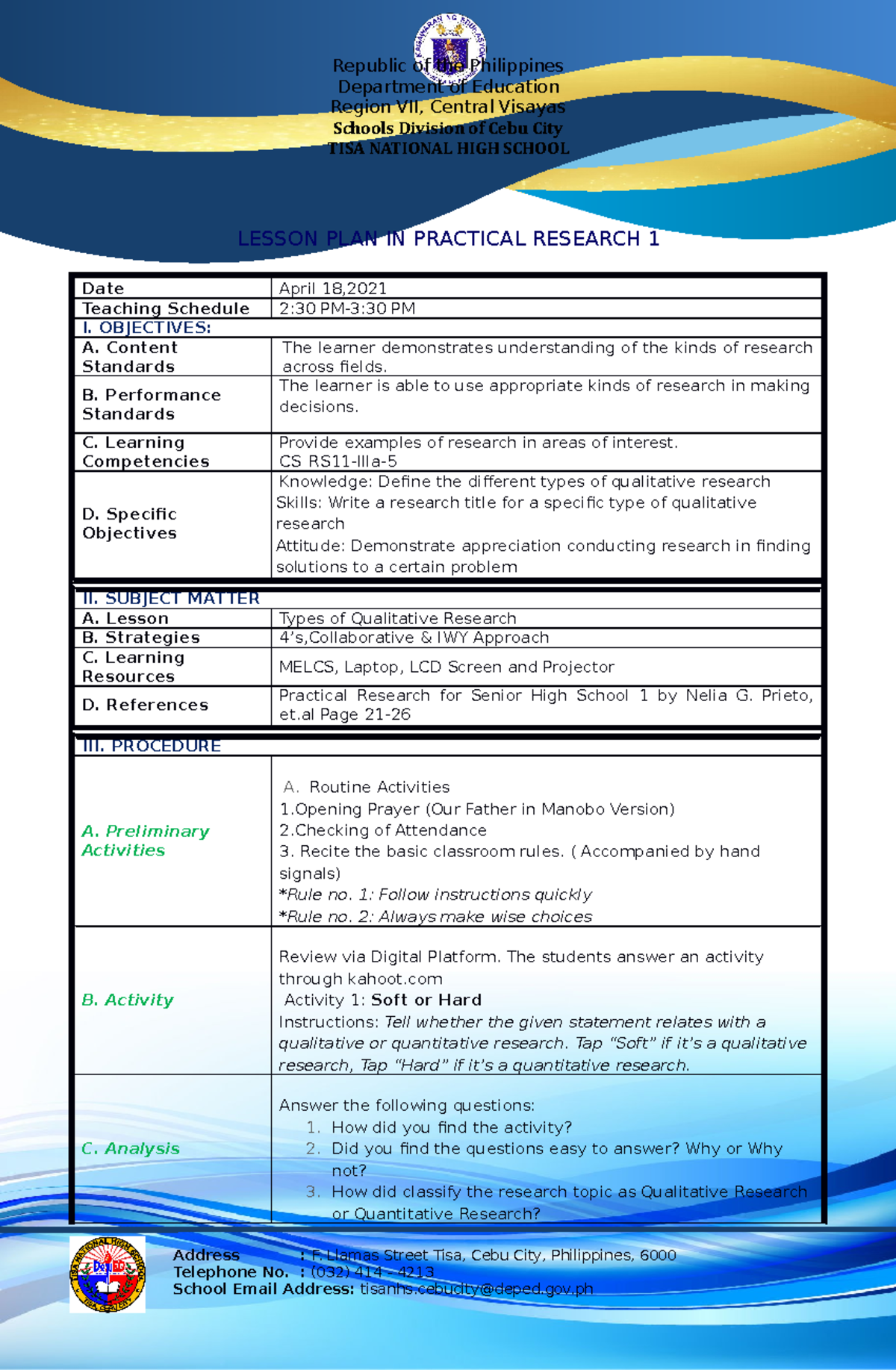 COT format - Share - Department of Education Region VII, Central ...