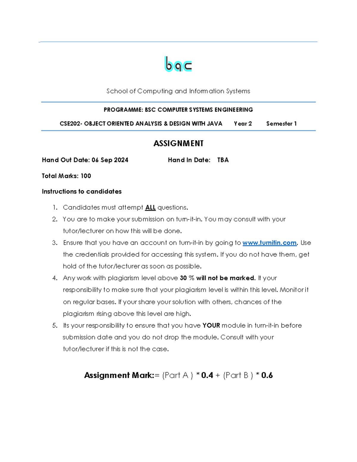 OOAD-Java Assignment-2024 - School of Computing and Information Systems PROGRAMME: BSC COMPUTER ...