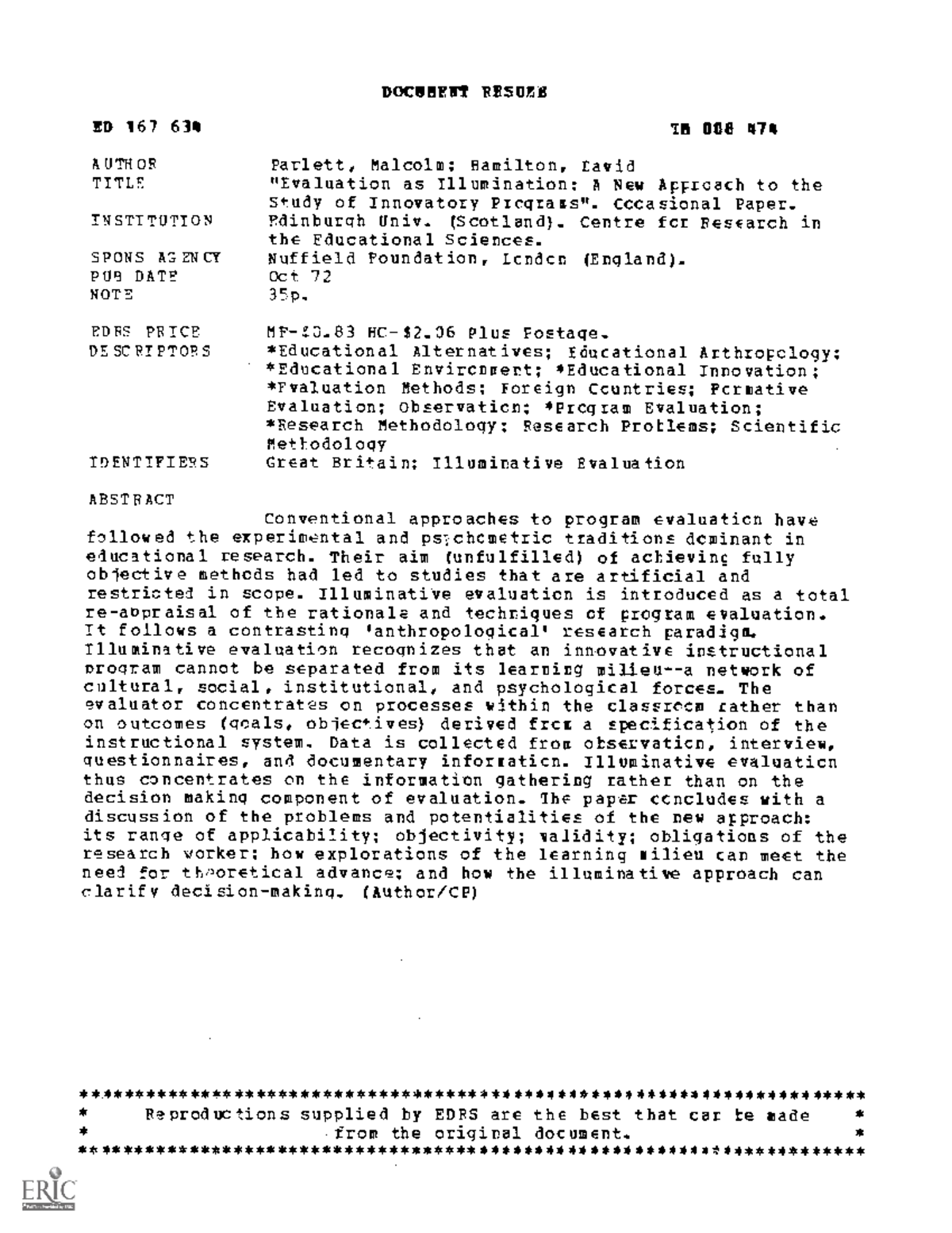 Illuminative MODE;L - DOCUMENT RESUME ED 167 63 TM 008 474 AUTHOR TITLE ...