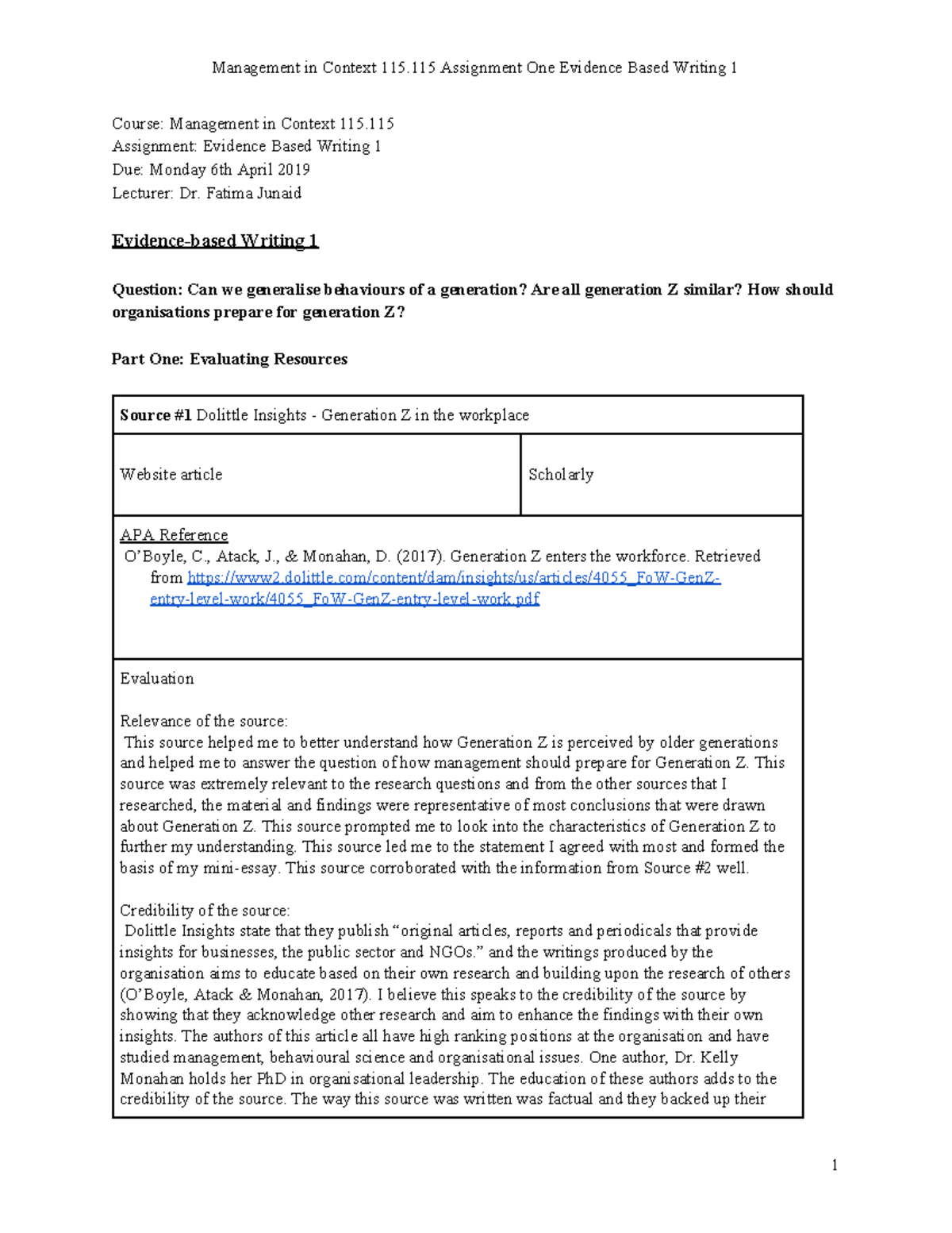 Evidence Based Writing One - Course: Management in Context 115 ...