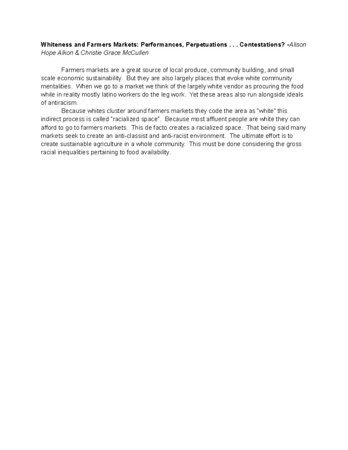 Whiteness and Farmer's Markets - .. Contestations? -Alison Hope Alkon ...