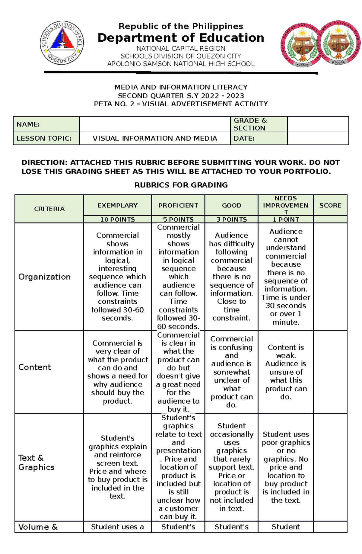 PETA-NO - n/a - Republic of the Philippines Department of Education ...