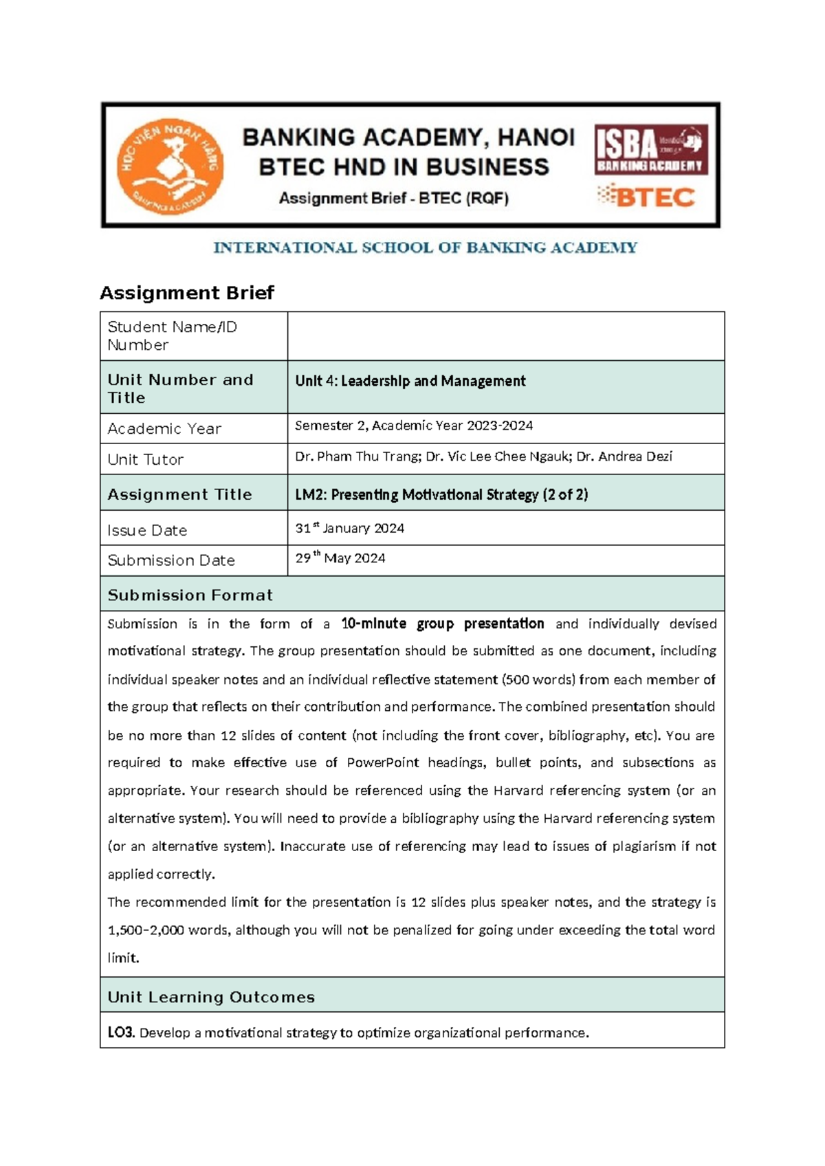 Sunderland LM A2 (Presentation LO3 LO4) - Assignment Brief Student Name/ID Number Unit Number ...