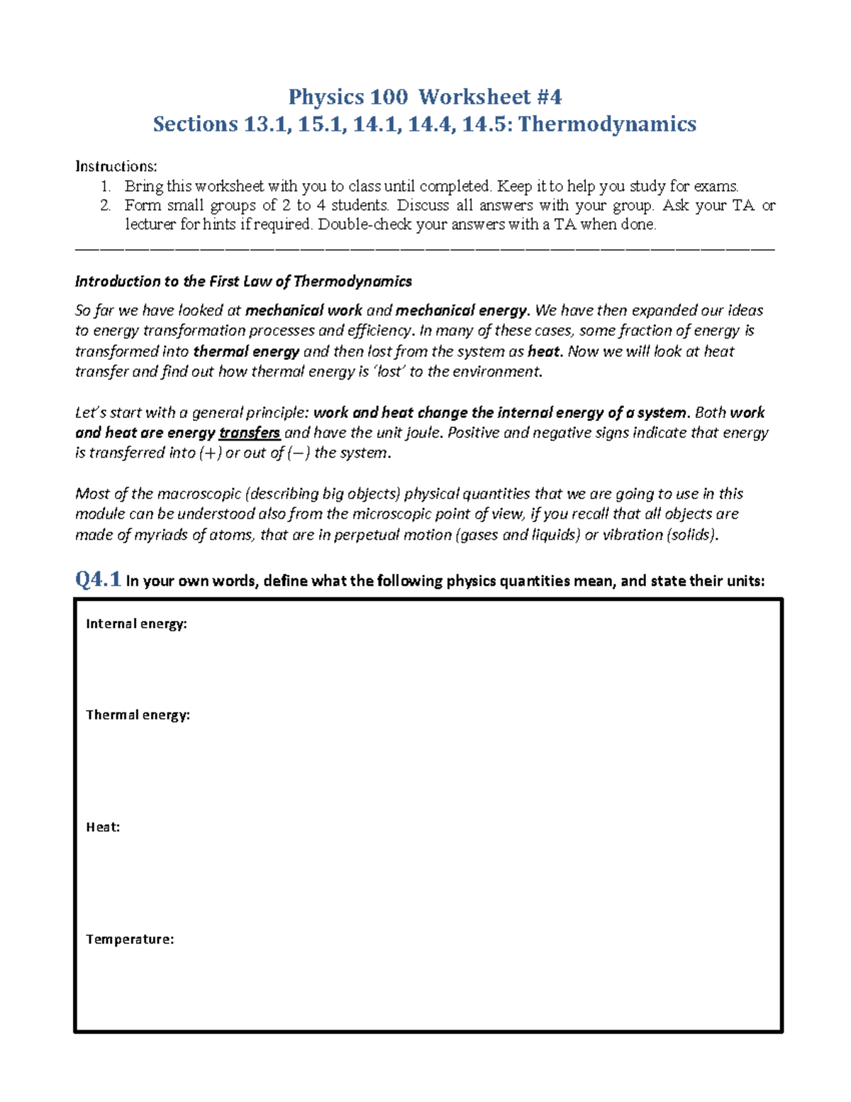 Worksheet 4-Heat Transfer-2022 - Physics 100 Worksheet Sections 13, 15 ...