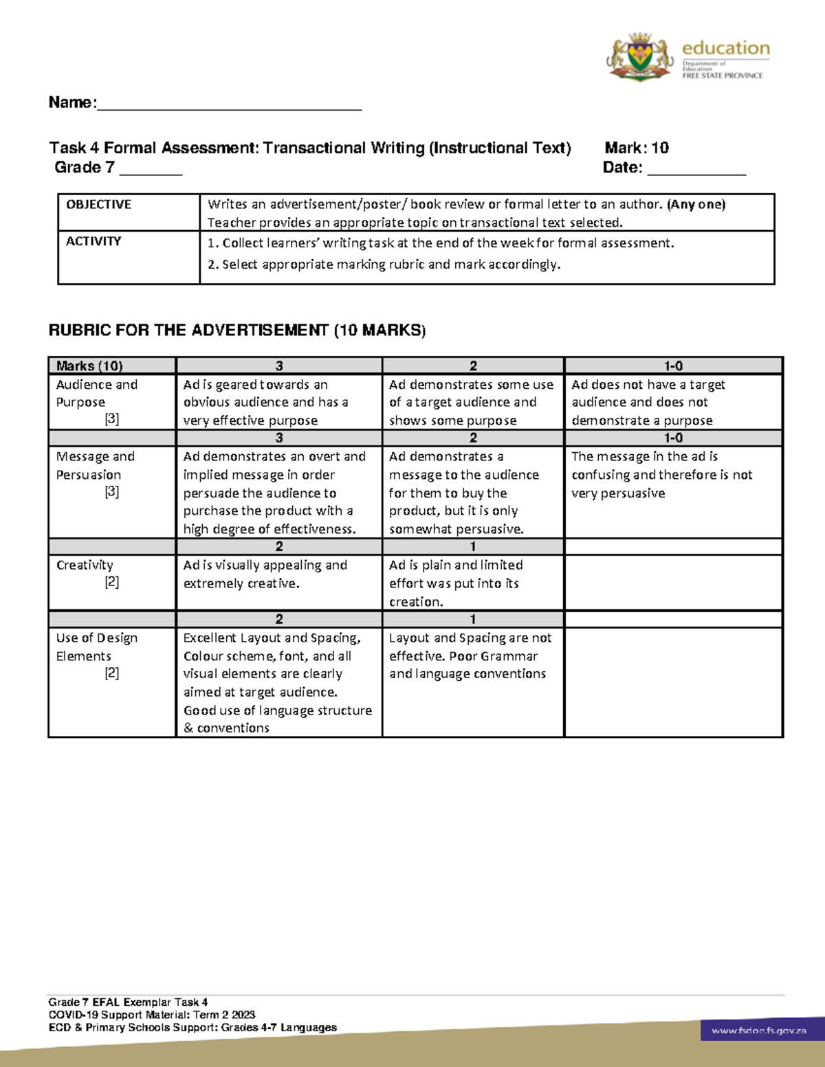 Grade 7 Task 4 Term 2 2023 - Grade 7 EFAL Exemplar Task 4 COVID-19 ...