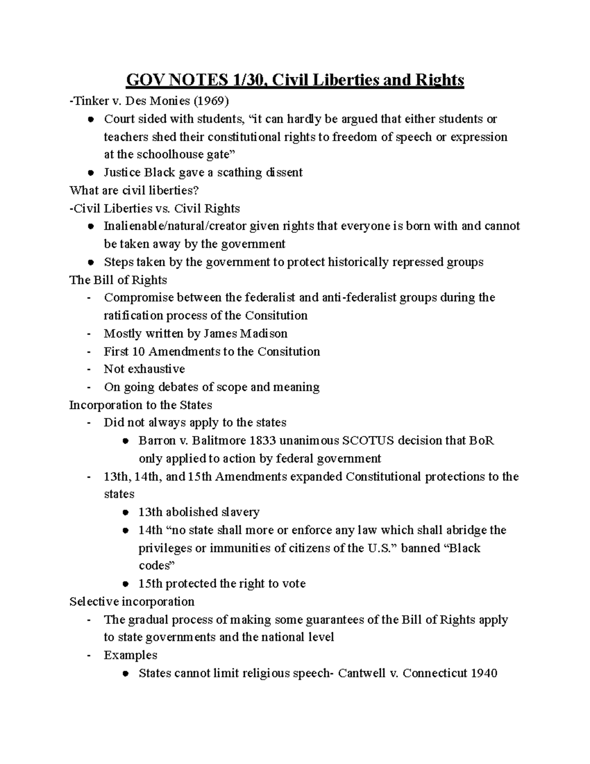 American Gov Notes 1 30 - Tyler Camarillo - GOV NOTES 1/30, Civil ...