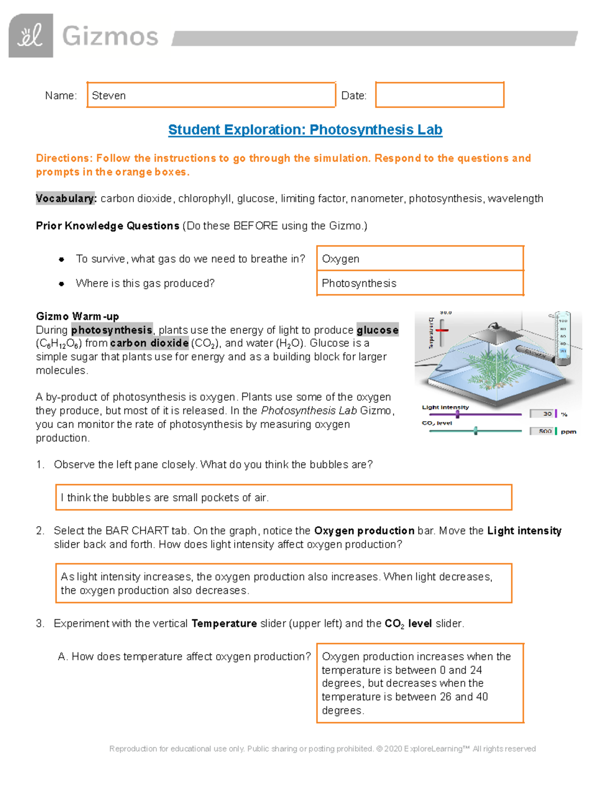 Copy of Photosynthesis Lab SE gizmo lab work - Name: Steven Date ...