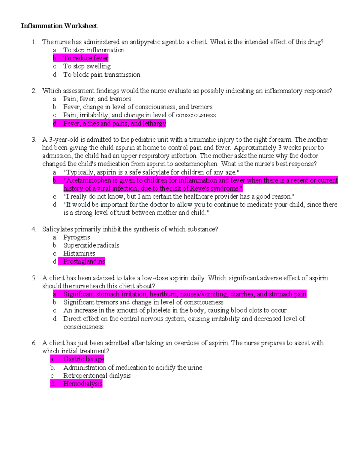 Inflammation Worksheet Updated - Inflammation Worksheet 1. The nurse ...