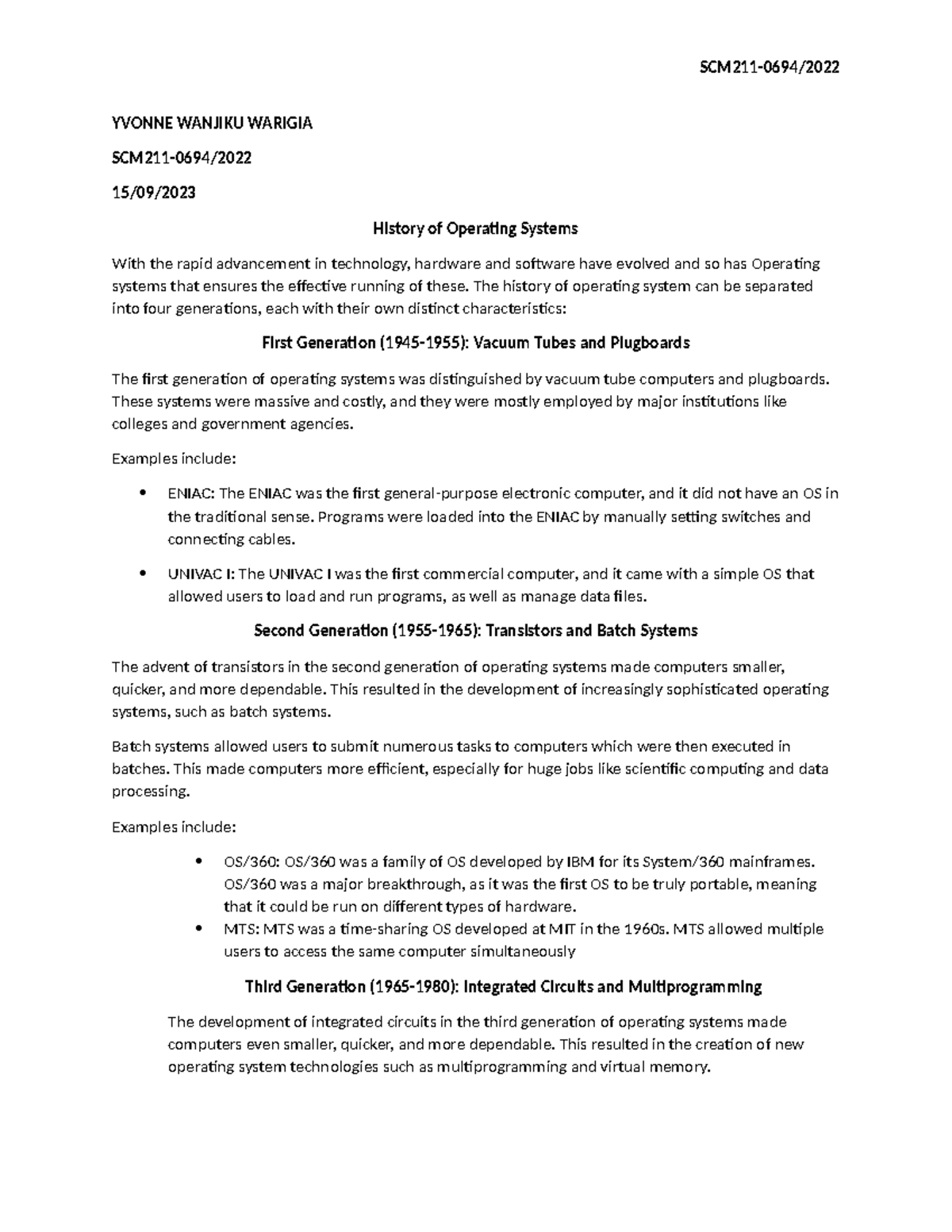 History of Operating Systems - SCM211-0694/ YVONNE WANJIKU WARIGIA ...