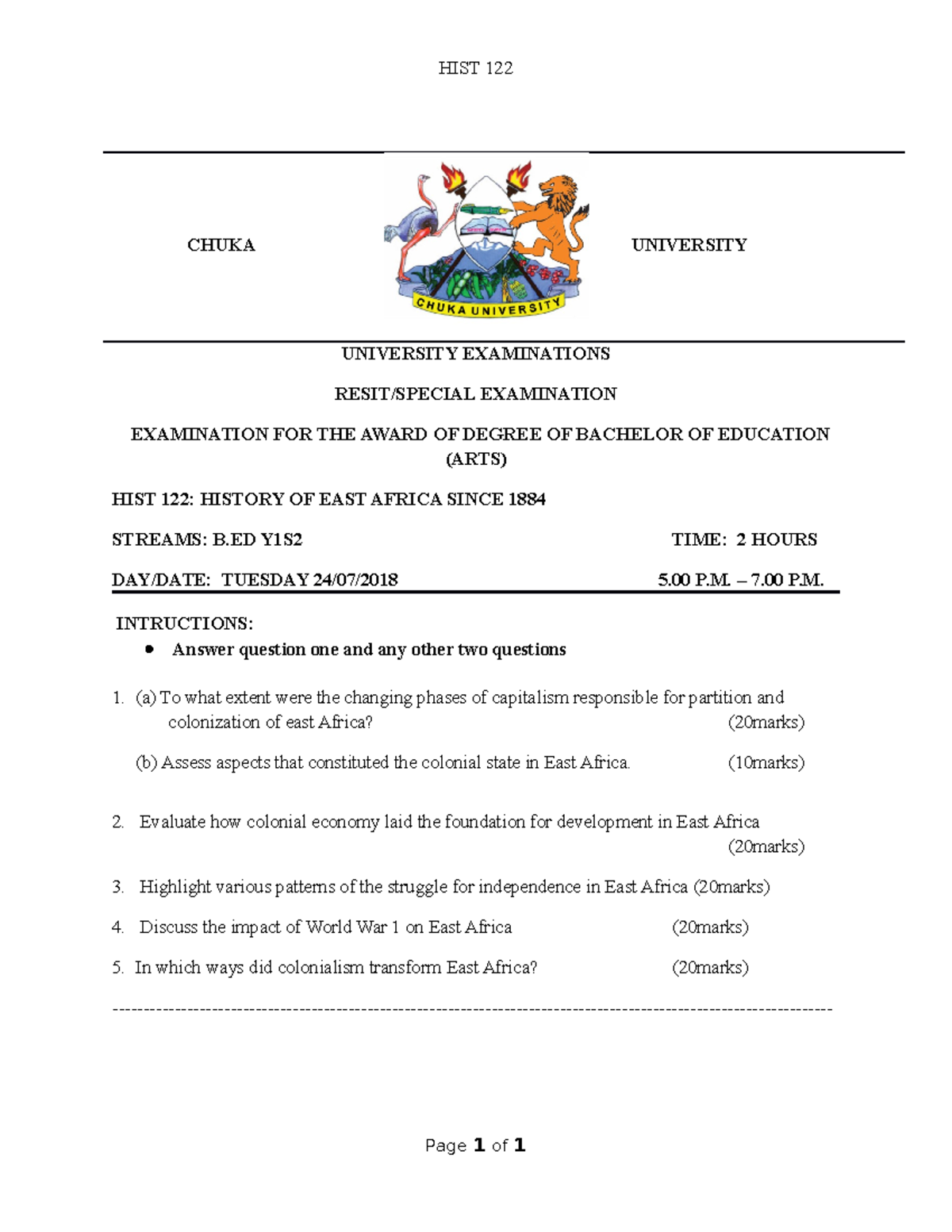 HIST 122 - Practice materials - HIST 122 CHUKA UNIVERSITY UNIVERSITY EXAMINATIONS RESIT/SPECIAL ...