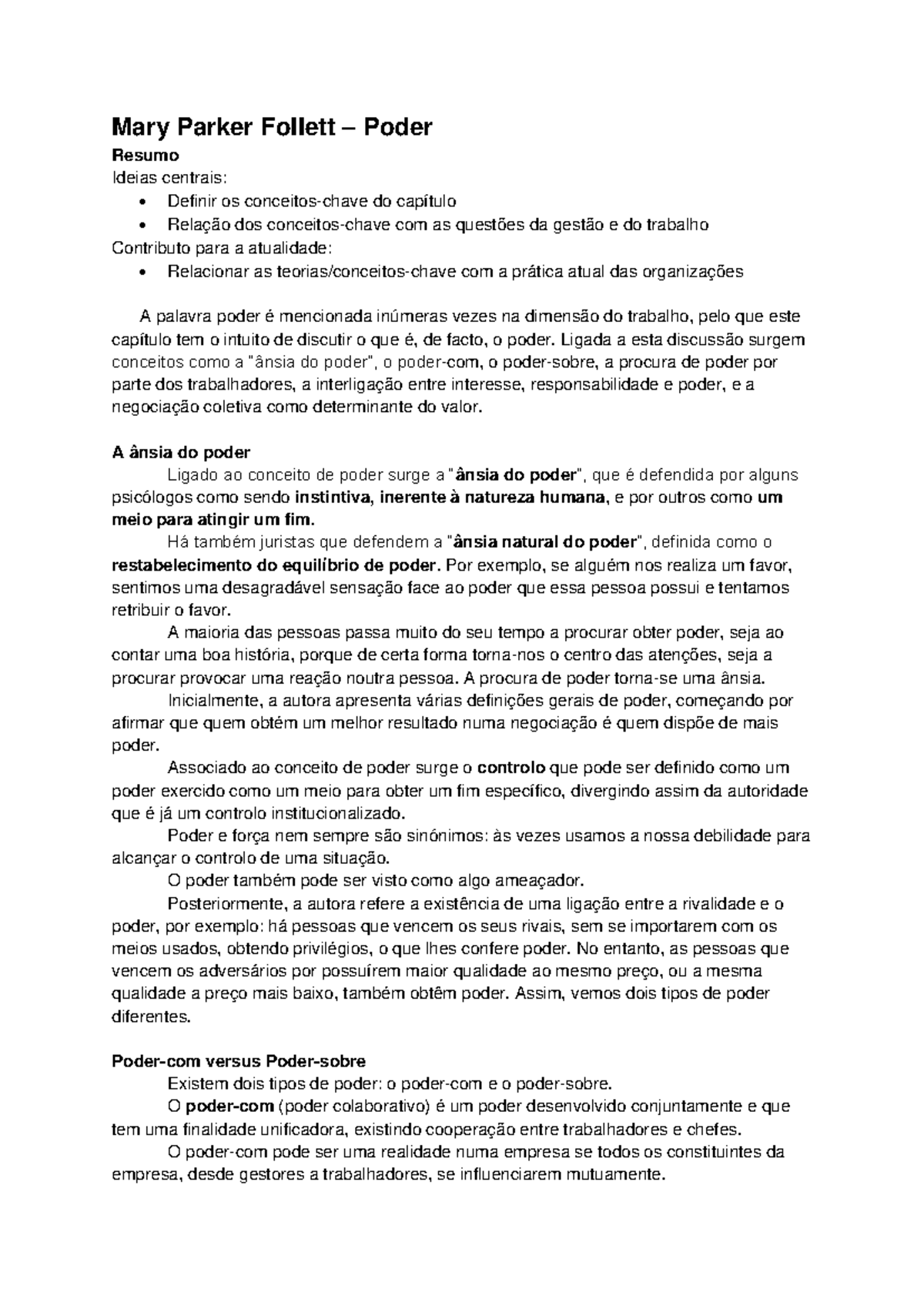 Mary parker follett - poder - Mary Parker Follett – Poder Resumo Ideias centrais: - Definir os ...