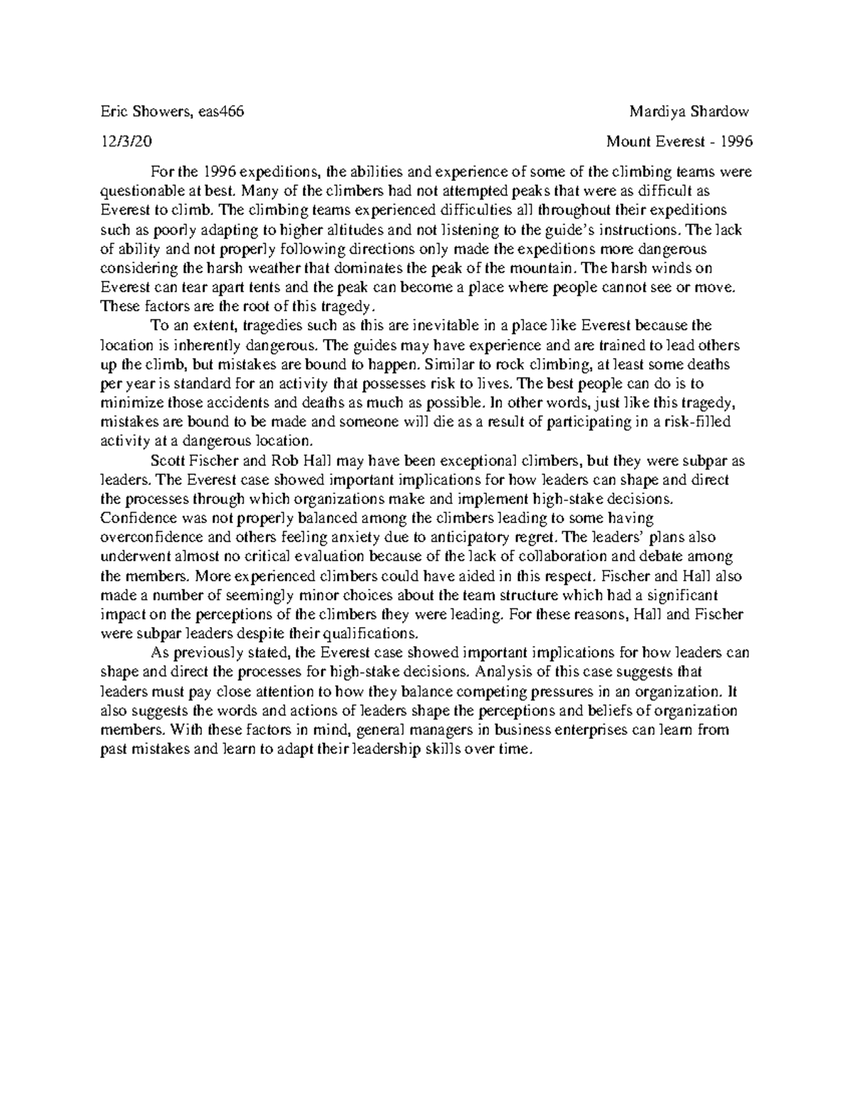Mount Everest Case - Fall 2020 - Eric Showers, eas466 Mardiya Shardow ...