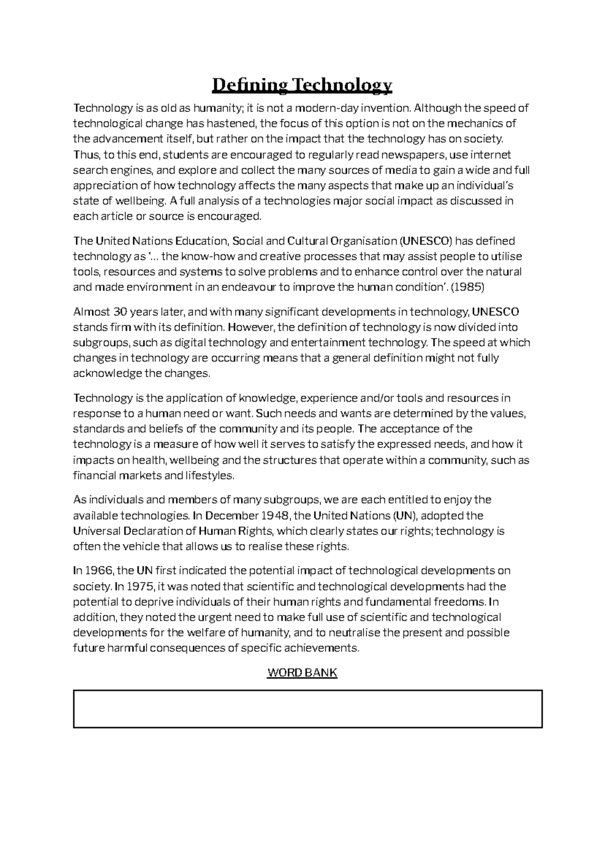 Defining Technology Student only - Defining Technology Technology is as ...