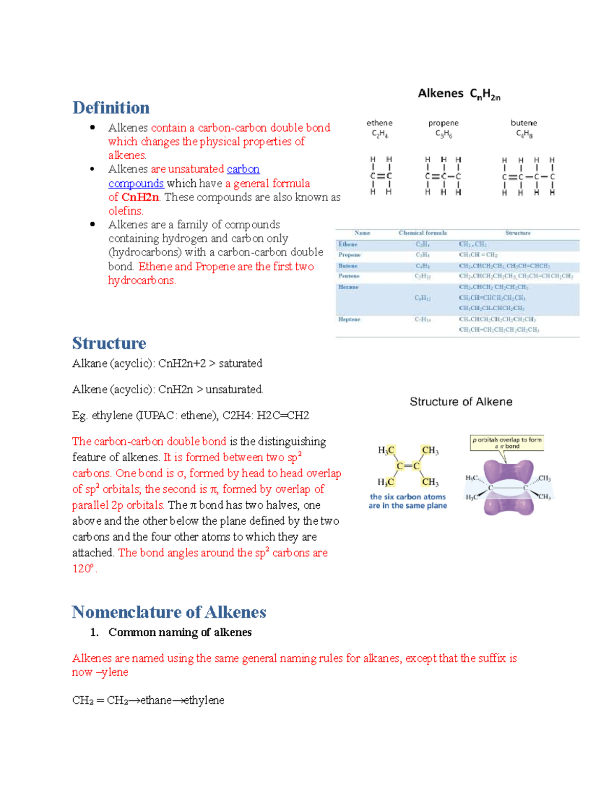 Introduction: Alkenes - Definition Alkenes contain a carbon-carbon ...