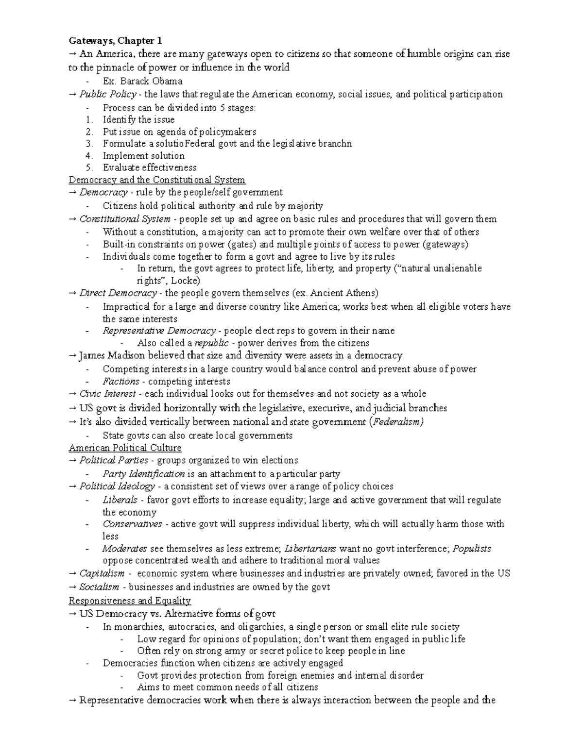 Textbook Notes. Part I - Gateways, Chapter 1 → An America, there are ...