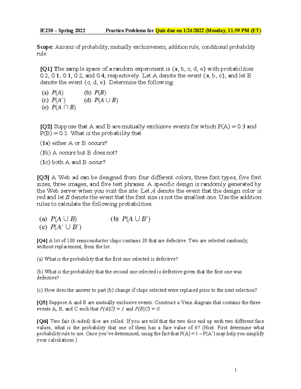 IE230 Prac Prob for Quiz Due on 01 24 - IE230 – Spring 2022 Practice Problems for Quiz due on ...