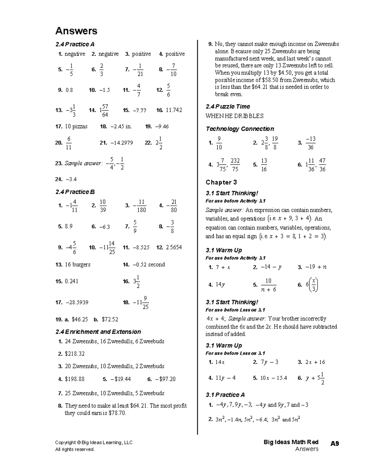 2.4 Practice A answer key - Answers Copyright © Big Ideas Learning, LLC ...