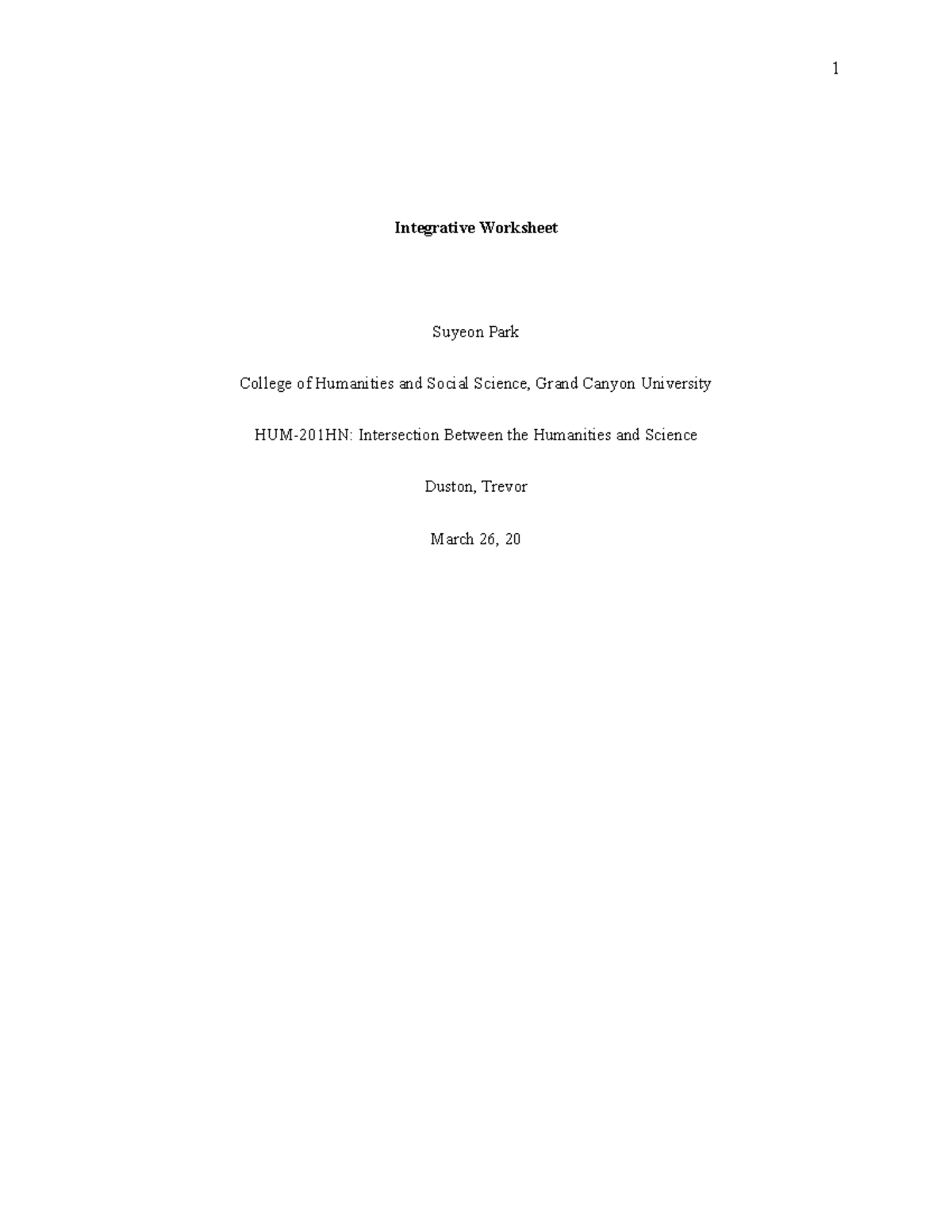 HUM-201HN Integrative Worksheet - Integrative Worksheet Suyeon Park ...