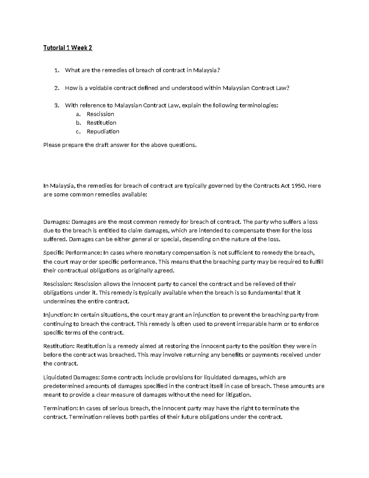 Tutorial 1 Week 2 - use it thks - Tutorial 1 Week 2 1. What are the remedies of breach of ...