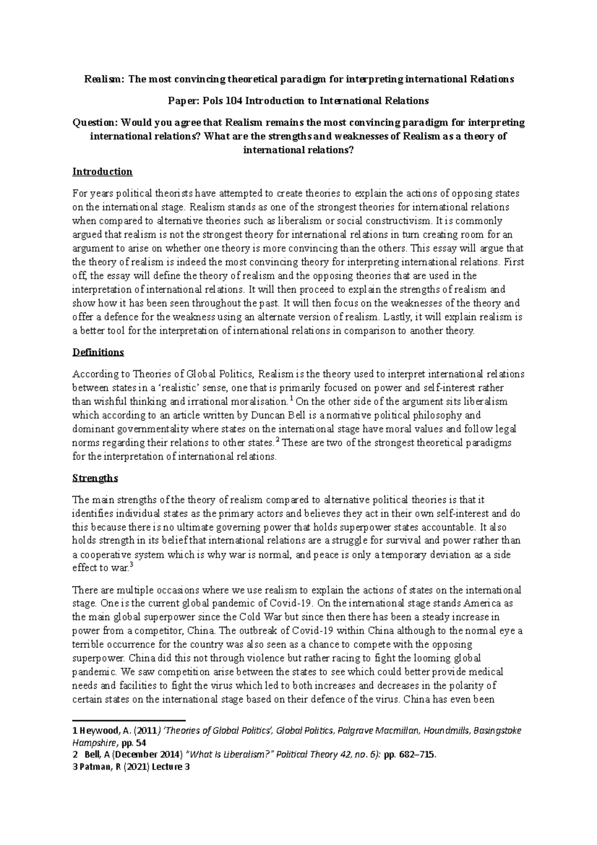 Pols104 essay 1 - Realism: The most convincing theoretical paradigm for ...