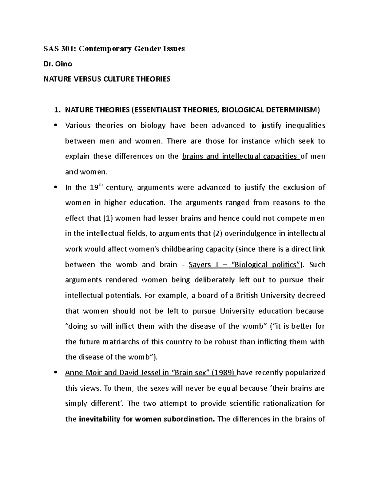 SAS 301 DR. OINO-2 - Contemporary gender issues - SAS 301: Contemporary ...