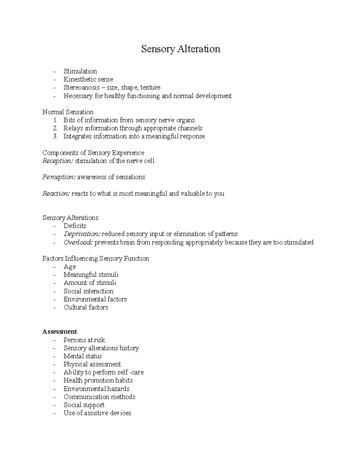 Week 9 Sensory Alteration - Sensory Alteration Stimulation Kinesthetic ...