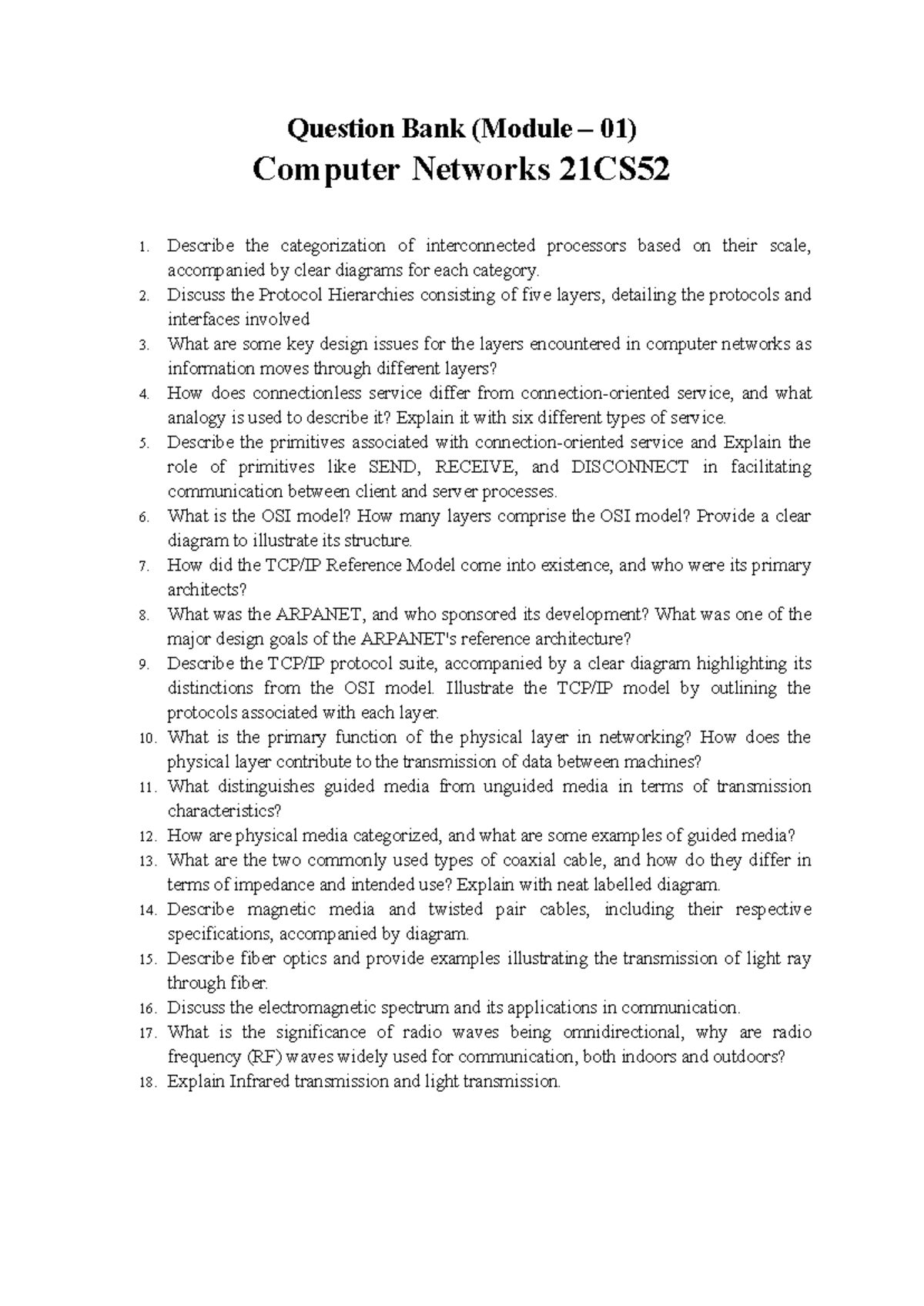Qb cn 21cs52 - Question Bank (Module – 01) Computer Networks 21CS 1. Describe the categorization ...