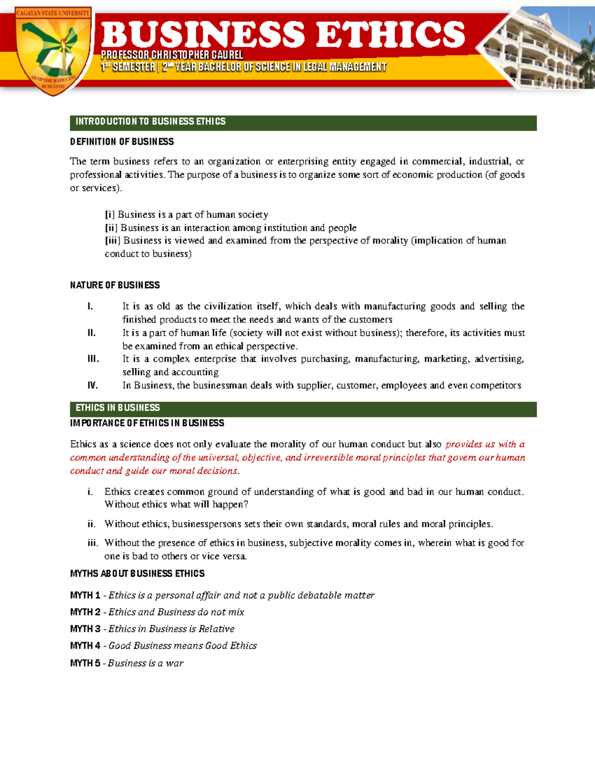 Introduction TO Business Ethics - Midterm Module - DEFINITION OF ...