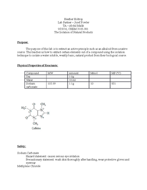Organic Chem Lab 10 - Chem lab 10 for reference - LAB REPORT 10 Alina ...