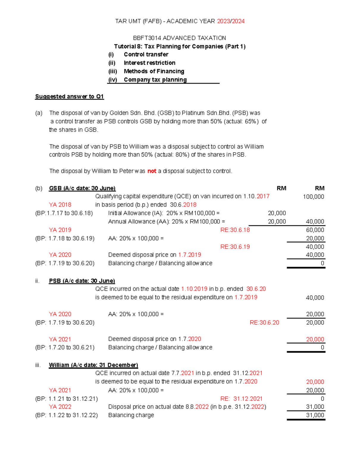 Tax Tutorial 8 - (i) Control transfer (ii) Interest restriction (iii ...